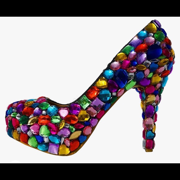 Shoes | Nwt Round Closed Toe High Heels Crystal Platform Colorful ...